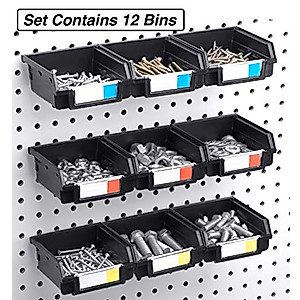 Right Arrange – Pegboard Bins - 12 Pack Black - Hooks to Any Peg Board - Organize Hardware, Accessories, Attachments, Workbench, Garage Storage, Craft Room, Tool Shed, Hobby Supplies, Small Parts