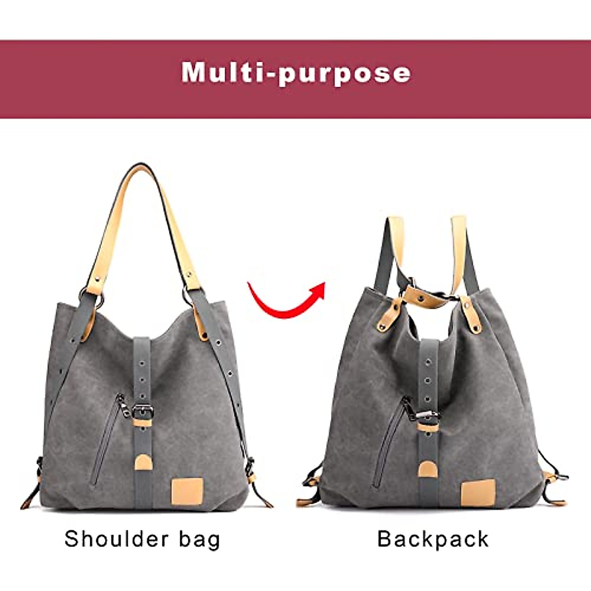 Eamom Tote Bag for Women Aesthetic Convertible Backpack Canvas Shoulder Bag School Tote Bag (Gray)