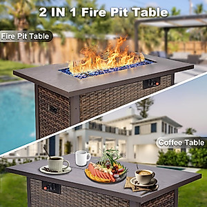 Grezone Patio Furniture Sets 7 Pieces with Fire Pit Table Patio Sectional Outdoor Furniture Sofa Chairs Set PE Rattan Wicker Couch Conversation Set with No-Slip Cushions Waterproof Covers Grey