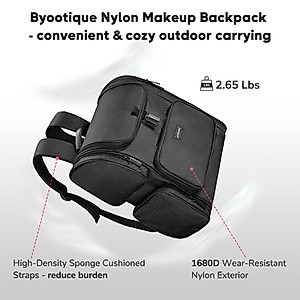 BYOOTIQUE Makeup Backpack Soft Sided Makeup Train Case Barber Cosmetic Bag Double Layer Organize Carry on Travel with Heat Isolation Side Pocket Removable Bag for Makeup Artist Hairstylist, Black