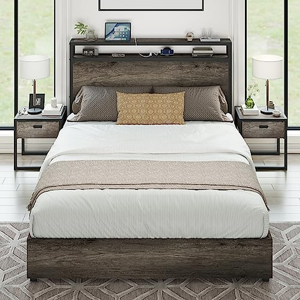 AMERLIFE Queen Size Storage Bed Frame, Wooden Platform Bed with Charging Station, 4 Drawers & Headboard/No Box Spring Needed/Noise-Free/Rustic Grey