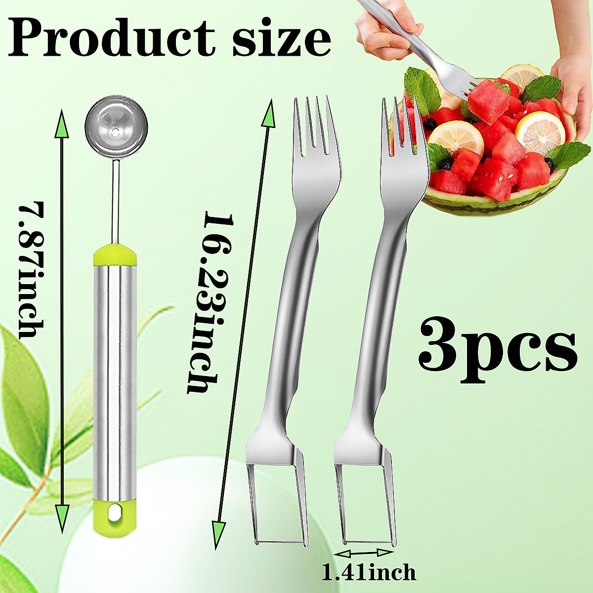 ZLMC 2-in-1 Watermelon Fork Slicer,Portable Stainless steel Watermelon Slicer with Melon Baller Scoop Extra,Dual Head Stainless Steel Fruit Forks Slicer Knife for Family Parties Camping(3PCS)