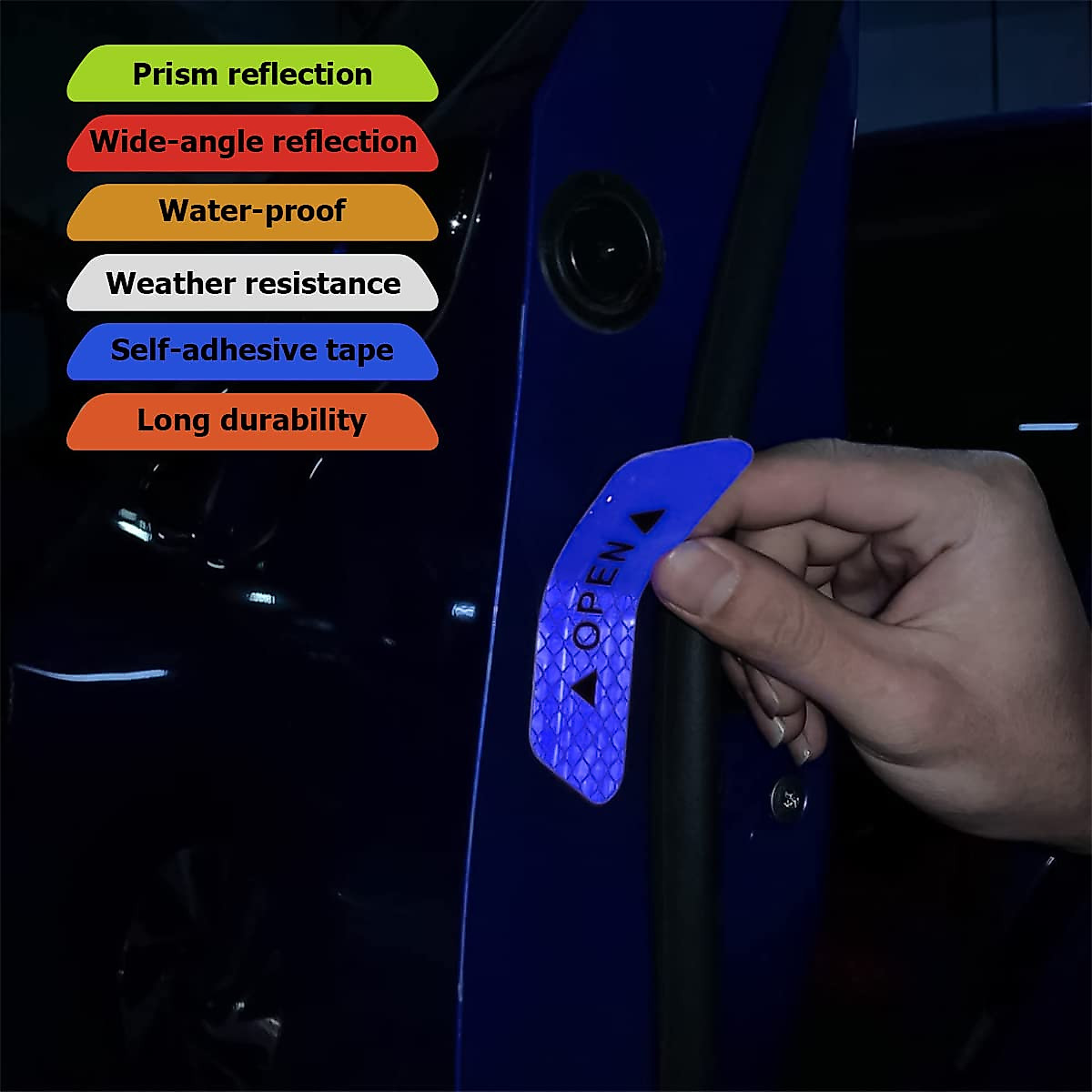 4PCS Car Door Open Warning Reflective Stickers, Night Visibility Auto Safety Prompt Decals, 3.6 x 0.9 Inch Anti-Collision Protective Strip, Car Accessories Universal for Truck, SUV, Van (Blue)