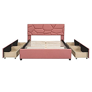 DNYN Full Size Upholstered Platform Bed with Storage for Kids,Adult Bedroom,Solid Wood Bedframe Linen Fabric Home Furniute w/4 Drawers & Brick Pattern Heardboard & No Box Spring Needed, Pink