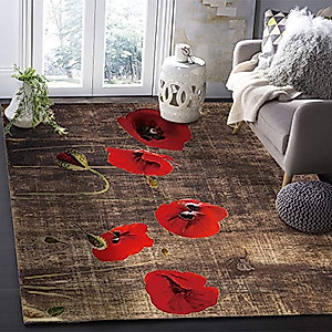 Indoor Area Rugs, Poppy Flower Wooden Background Non-Slip Rubber Backing Rug, Non-Shedding Floor Carpet Washable Throw Rug for Living Room Bedroom Dining Home, 4' x 6'
