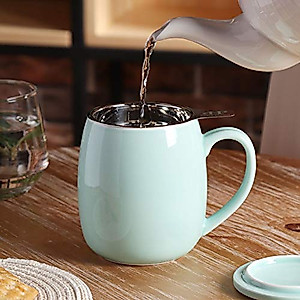Peacehome Tea Cup Infuser Lid: 17.5 OZ Large Ceramic Tea Mug with Strainer & Cover for Steeping Cup of Hot Tea or Coffee - Fine Porcelain Infuser Tea Mug Set for Work Life Gift (Mint Green)