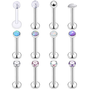 Kridzisw 16G Flat Back Cartilage Tragus Helix Conch Earring 16 Gauge Surgical Stainless Steel Silver Short Screw on in Opal Labret Monroe Medusa Lip Nose Ring Stud Bar Piercing Jewelry Women Men 6mm