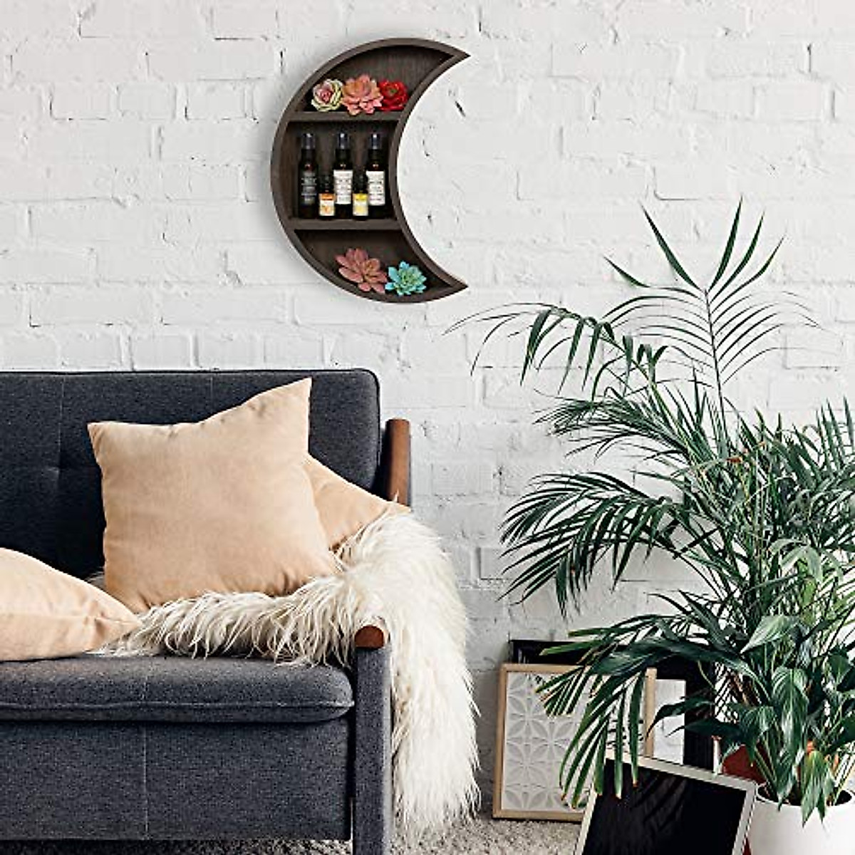 RUSTIX Rustic Brown Crescent Moon Shelf - Wall Mounted Hanging Floating Shelves for Essential Oil Display or Crystal Holder - Moon Phase Hippie Celestial Boho Nursery Decor - Gothic Witchy Room Decor