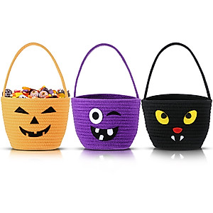 Teenyyou Halloween Trick or Treat Basket with Handle Cute Halloween Bucket Cotton Rope Woven Candy Bag Pumpkin Witch Cat Pig Storage Basket for Halloween Party Favor(3 Packs,Mixed Style)