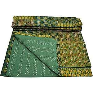 Maviss Homes Beautiful Indian Traditional Patchwork Super Soft Cotton Double Kantha Quilt | Throw Blanket Bedspreads | Cozy Blanket Quilt | Easy Machine Washable and Dryable (Green)