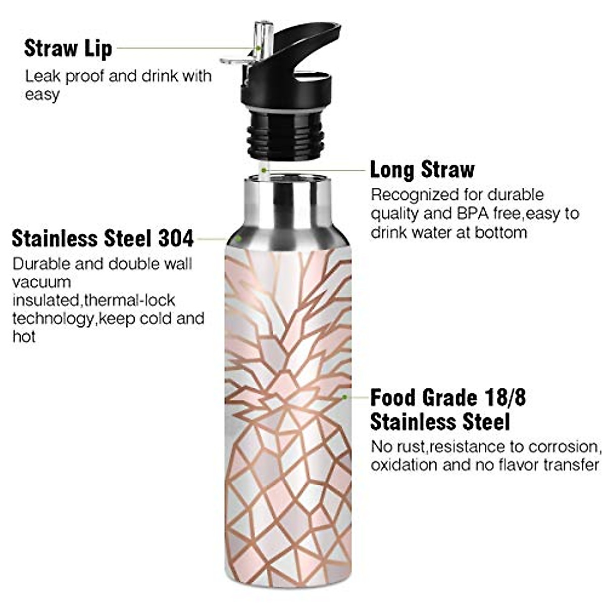 OREZI Rose Gold Pineapple On Pink And White Marble Water Bottle Thermos with Straw Lid for Boys Girls,600 ml,Leakproof Stainless-Steel Sports Bottle for Women Men Teenage