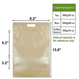 Muka 100 PCS Kraft Heat Sealable Stand Up Pouch Bags w/Handle Reusable Food Pouches Bags, 9.3"W x 13.8"H x 4"D, 7 mil