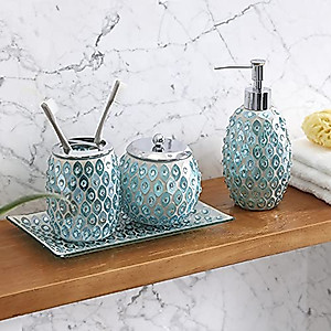 Whole HOUSEWARES | 4-Piece Decorative Glass Bathroom Accessories Set | Soap Dispenser, Toothbrush Holder, Cotton Jar, Vanity Tray | Gift Idea | Light Blue/Green