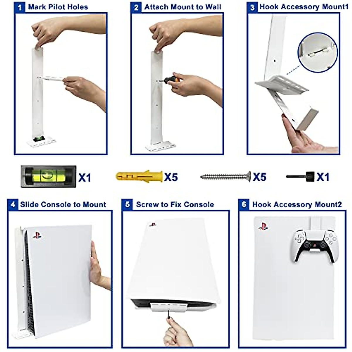 PS5 Wall Mount for Playstation 5 Disc Edition and Digital Edition (Mount The Console on Wall Near or Behind TV with Invisible Design), Including 2 Accessories Holders for Controller & Headset (White)