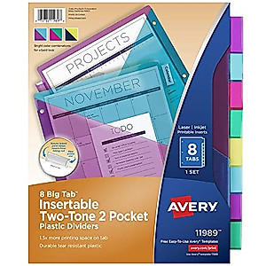 Avery 3" Economy View 3 Ring Binder, Round Ring, Holds 8.5" x 11" Paper, 1 White Binder (5741) & Plastic 8-Tab Two-Tone Binder Dividers with Two Pockets, Insertable Bright Color Big Tabs, 1 Set