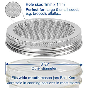2 Pack Mason Jar Sprouting Lids - 316 Surgical Stainless Steel Sprouting Lids for Wide Mouth Mason Jars - Screen Mesh Strainer, Sprouter Kit for Alfalfa & Broccoli Seeds - Rust-Proof, Dishwasher Safe