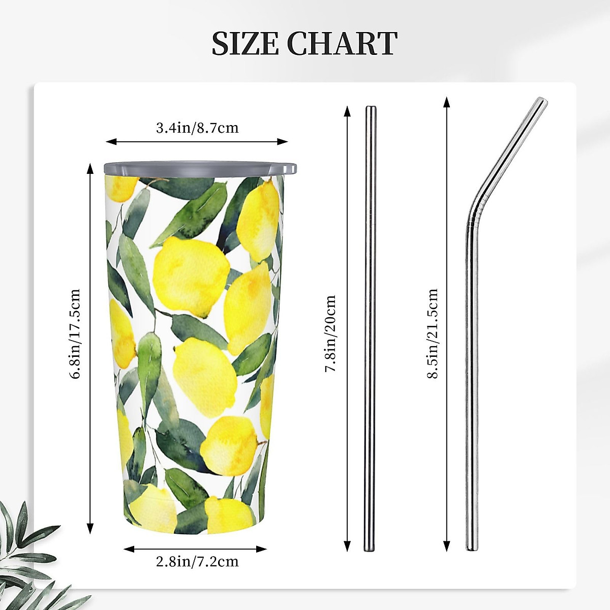 Yaxongx 20oz Tumbler Unique Lemon Double Wall Vacuum Insulated Coffee Mug with Lid and Metal Straw Brush Reusable Stainless Steel Water Bottle Travel Cup Gifts for Car Ice Drinks Hot Beverage