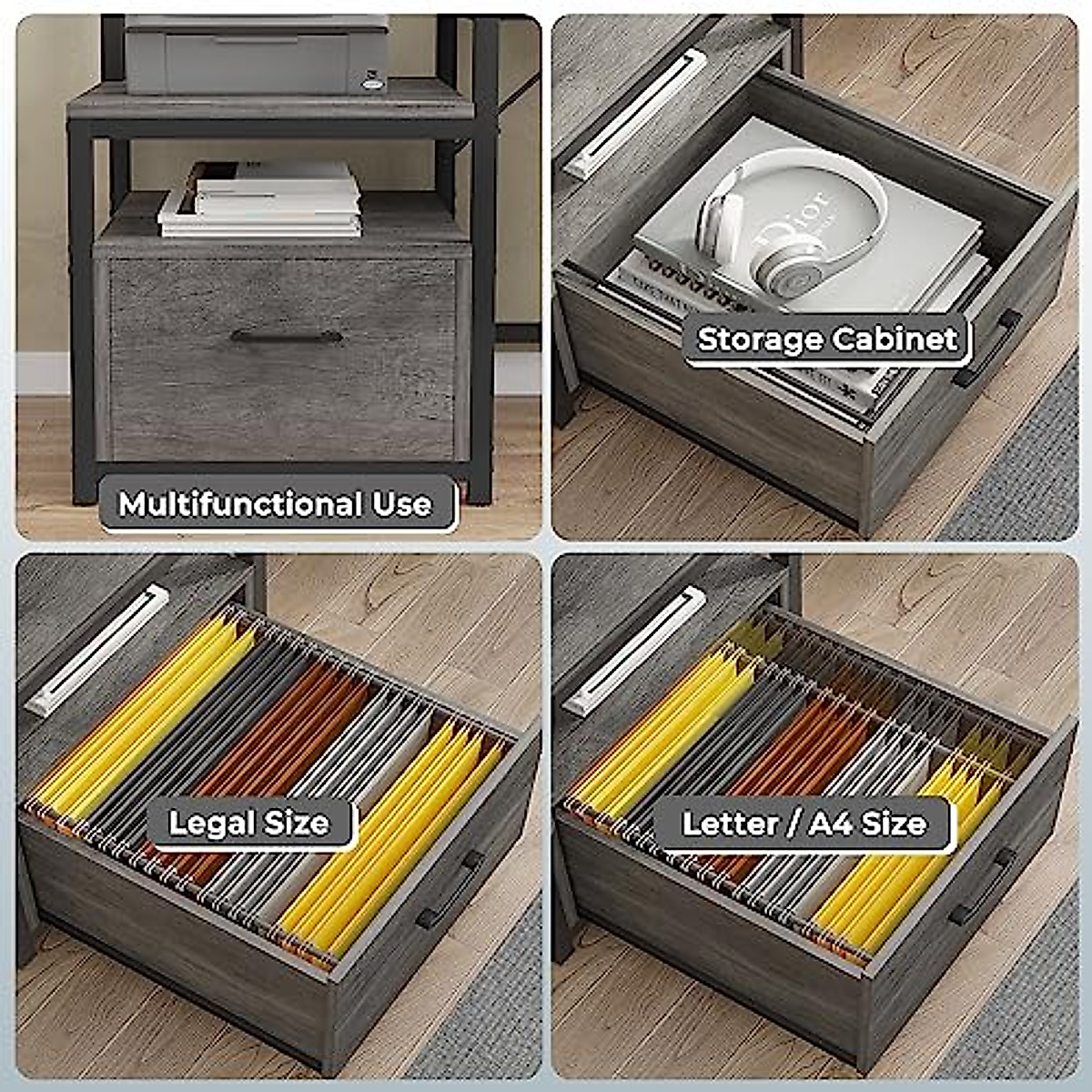 SEDETA L Shaped Desk, 66" Home Office Desk with File Drawer & Power Outlet, Gaming Desk with Led Lights, Corner Computer Desk with Monitor Shelf, Printer Storage Shelves, Two Person Desk, Grey