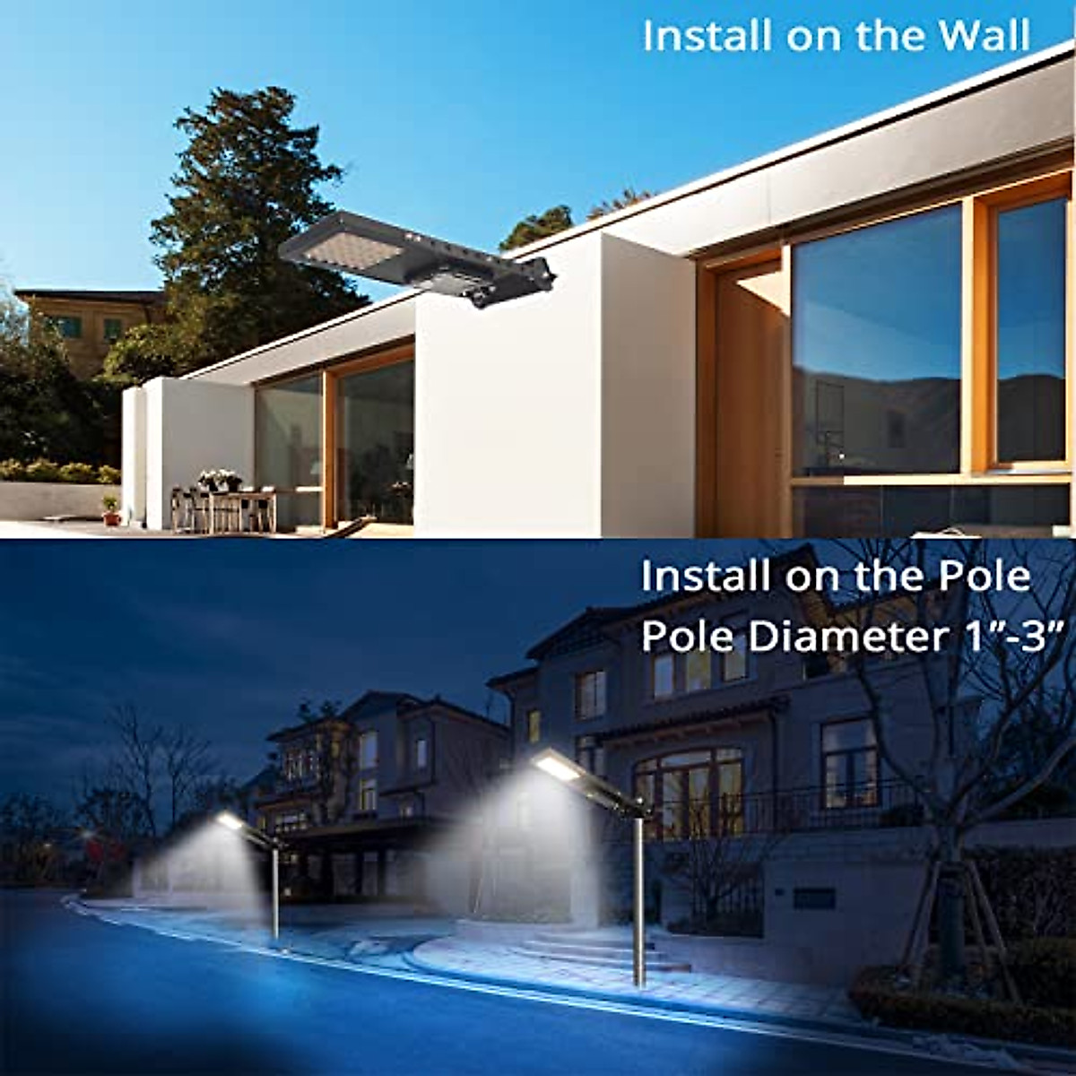 Mii-PWR Solar Street Light Metal Motion Sensor Wall Mounted IP65 Outdoor Waterproof with 3 Lighting Modes Auto Dusk to Dawn LED for Garden Street Deck Patio Path Garage Parking