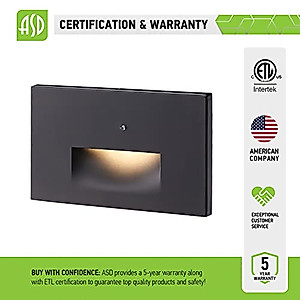 ASD LED Step Light Fixture | Recessed Stair Wall Lighting | 3W 120V 115LM 3000K/4000K/5000K Switch 50000+ Hour Lifespan | Dusk to Dawn Photocell, Outdoor Use, Waterproof, ETL | Black