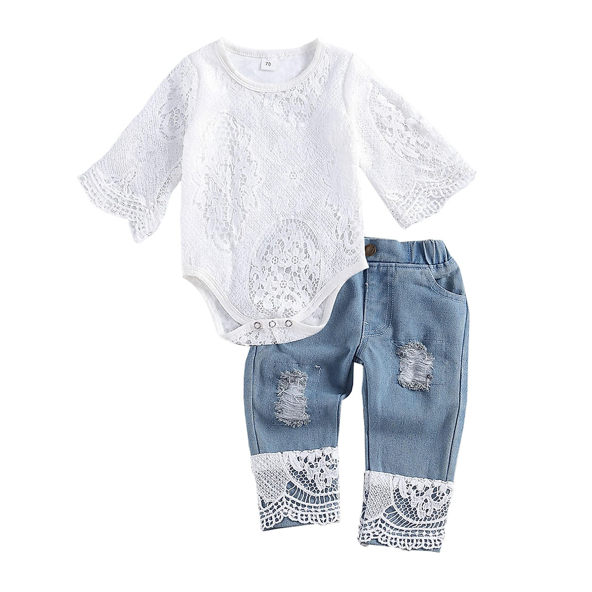 AvoDovA Baby Girls Pants Set Ruffles Sleeve Lace Romper + Denim Ripped Jeans Outfits (White,6-12 Months)