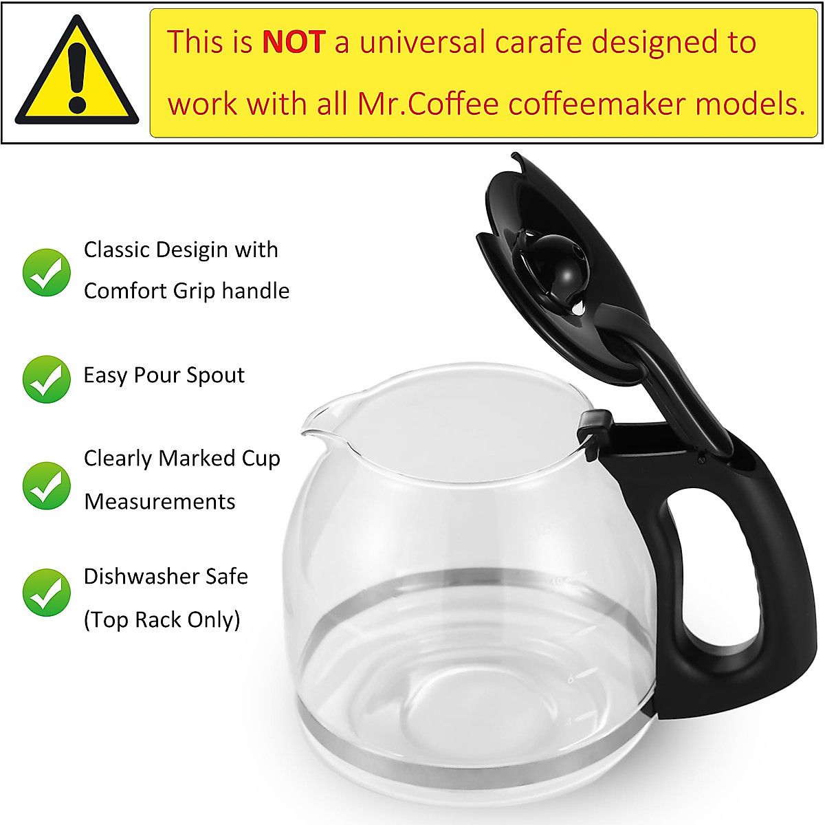 BESBARISTA 12-Cup Glass Replacement Carafe for Mr. Coffee Model #SK12, SK13, EHX23, JWX31, SJX23, SJX39 (Black, Replaces PLD12-RB)