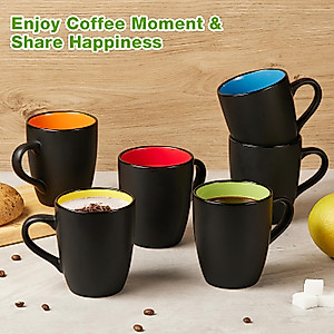Qipecedm 6 Pack Porcelain Coffee Mugs Set, 12 Ounces Ceramic Coffee Mugs, Matte Black Coffee Mug, Restaurant Coffee Cups for Coffee, Tea, Cappuccino, Cocoa, Cereal, Black outside and Colorful inside