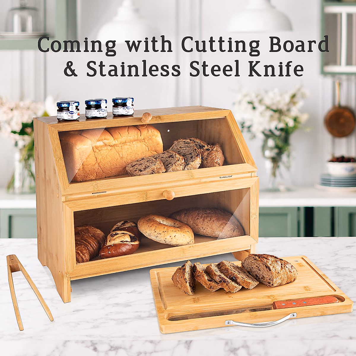 MAISONPEX Double Layer Large Bamboo Bread Box for Kitchen Countertop, Cutting Board, and Stainless Steel Bread Knife, Large Capacity Bread Storage Container with Clear Windows (Self-Assembly)