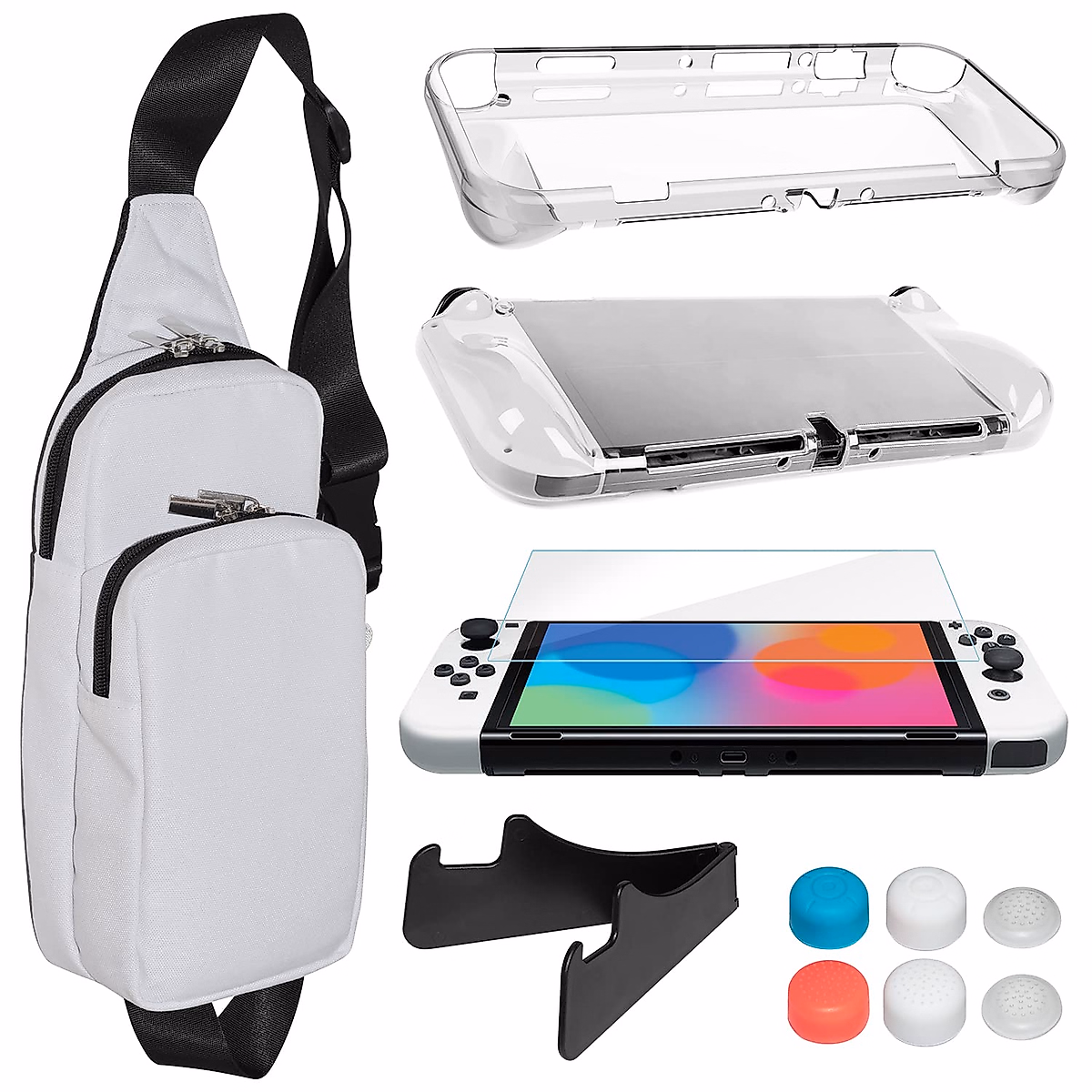 omarando TPU Case Cover Accessories Kit for Nintendo Switch (OLED model),Shoulder Bag for Switch,with Tempered Glass Screen Protector,Thumb Grip Caps .Mini travel playstand (Clear)