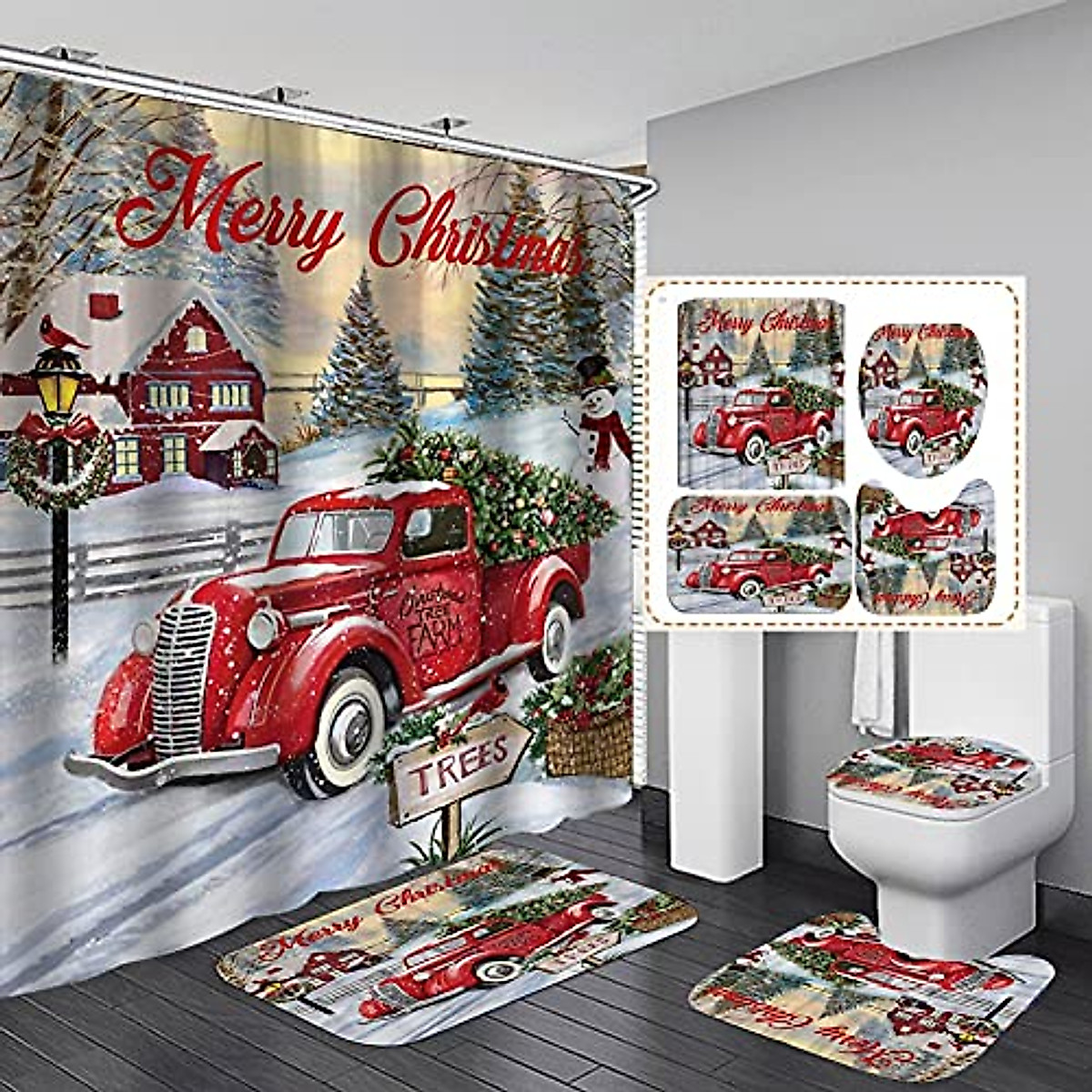 Jlong 4 Pcs Christmas Shower Curtain Sets with with Non-Slip Rugs, Toilet Lid Cover and Bath Mat, Vintage Truck Xmas Tree Winter Snowman Farmhouse Waterproof Bathroom Curtain Set with 12 Hooks