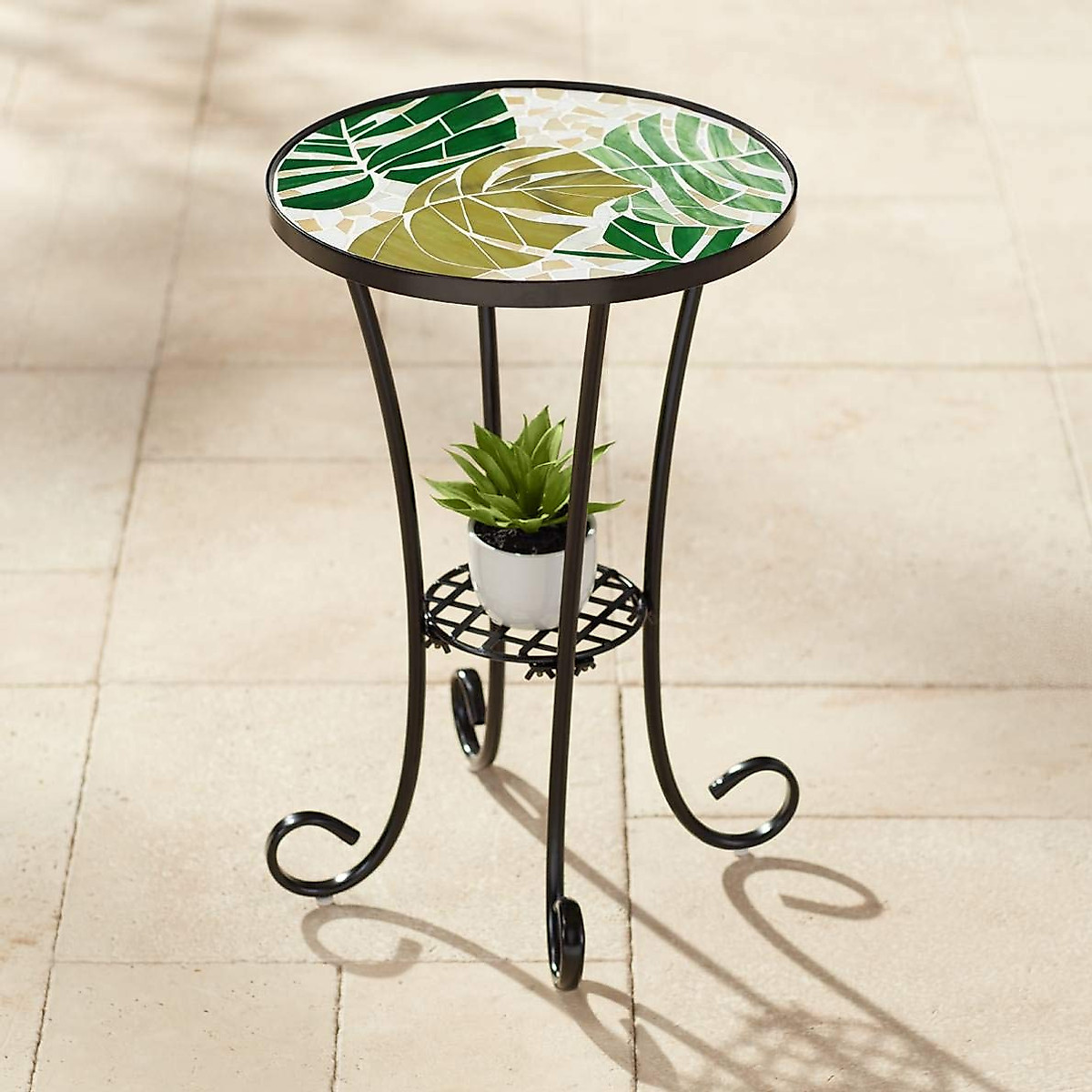 Teal Island Designs Tropical Leaves Black Metal Round Outdoor Accent Side Table 14" Wide Green Mosaic Tabletop Gracefully Curved Legs for Spaces Front Porch Patio Home House Balcony Deck Shed Yard
