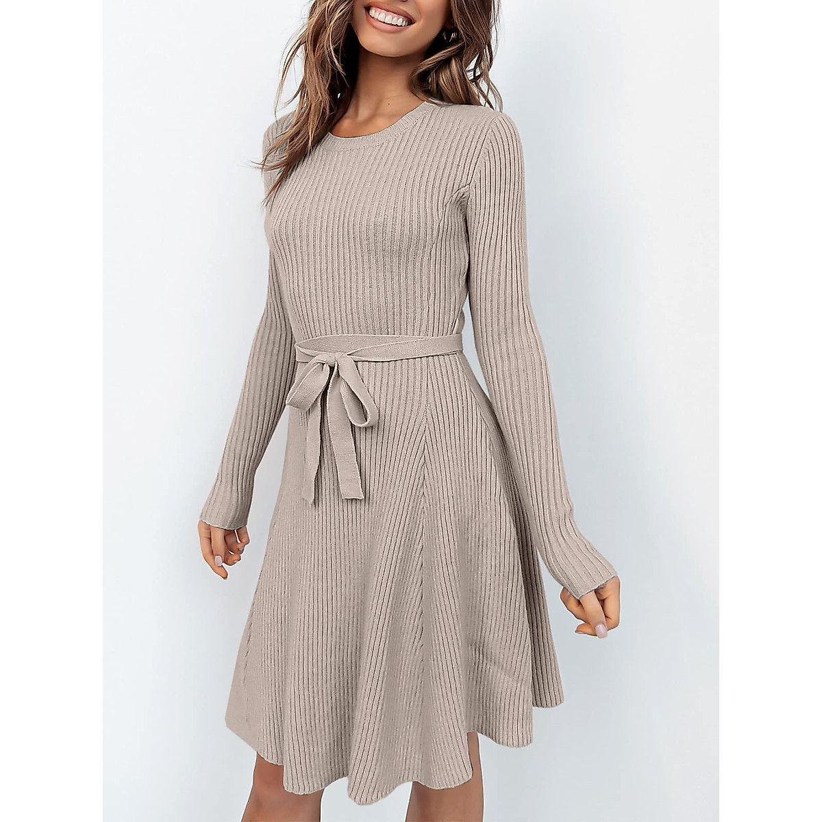 ANRABESS Women's Long Sleeve Midi Dress Crewneck Tie Waist A-Line Swing Casual Bodycon Ribbed Knit 2025 Fall Sweater Dress red Apricot Medium