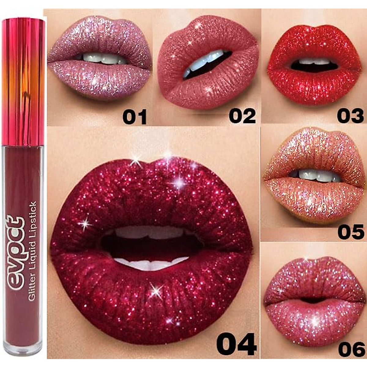 evpct 6Pcs Matte to Glitter Liquid Lipstick Long Lasting Lip Set Kit,6 Color Diamond Dark Red Pink Purple Mauve Glitter Sparkly Glossy Metallic Shimmer Sparkle Waterproof Lipstick Lip Gloss for Women