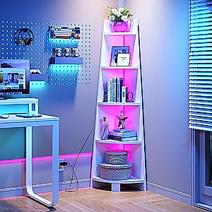 YITAHOME Corner Shelf Stand with Led Light, 70.9" Ladder Corner Bookshelf, Modern 5 Tier Corner Bookcase, Wooden Open Display Shelving Storage Rack for Bedroom, Living Room, Home Office, White