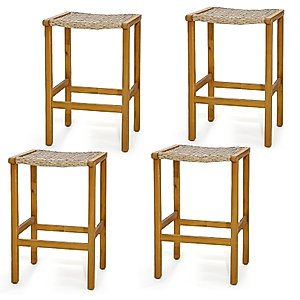 Tangkula Outdoor Bar Stools Set of 4, 30 Inches high Acacia Wood Heavy Duty Bar Height Stools with PE Rattan Saddle Seat, for Patio, Garden, Poolside and Balcony, Teak