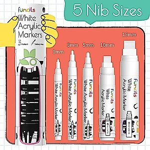 Funcils 5 Acrylic White Paint Pens - Fine & Jumbo Size Ink Pens (1mm, 3mm, 6mm, 10mm, 15mm) - Permanent White Marker Ink for Rock Painting, Fabric, Tire, Metal, Wood, Canvas, Glass, Plastic, Ceramic