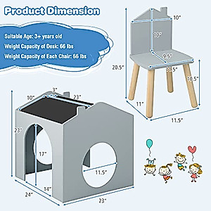 INFANS Kids Table and Chair Set, Wood Multi Activity Table with Blackboard for Toddler Playing Drawing Reading Arts Crafts, 3 Piece Children Furniture for Playroom Home School Classroom