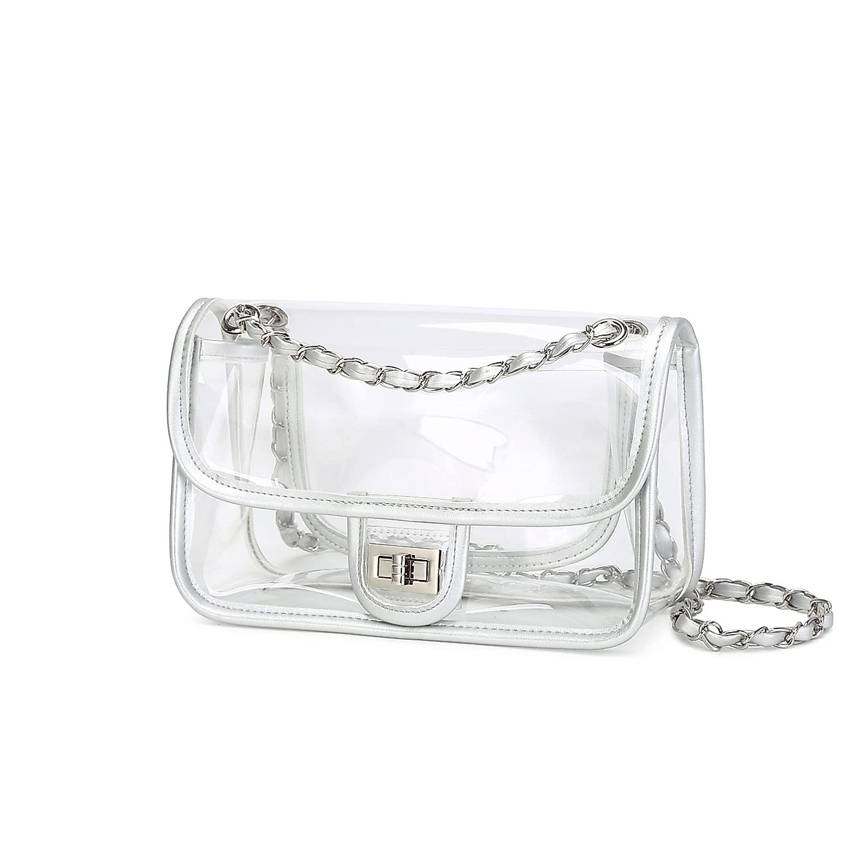 LAM GALLERY Womens PVC Clear Purse Handbag with Chain Stadium Approved Clear Bag See Through Bag for Working and Concert (Silver Silver Large)