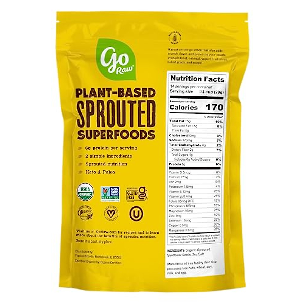 go Raw with Sea Salt Sprouted Organic Bag Keto Vegan Gluten Free Snacks Superfood, Sunflower Seeds, 14 Oz