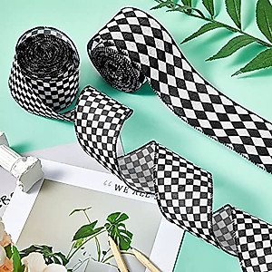 2 Rolls/ 20 Yards Black and White Checkered Ribbons Buffalo Plaid Wired Edge Ribbon Diamond Check Gingham Wrapping Ribbon for Christmas Tree DIY Hair Bow Wreath Decors Crafts, 2 Styles (2.5 Inch Wide)