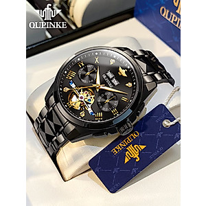 OUPINKE Black Men Automatic Mechanical Wrist Watches Luxury Dress Tungsten Steel Luminous Waterproof Sapphire Diamond Calendar Best Gifts Men