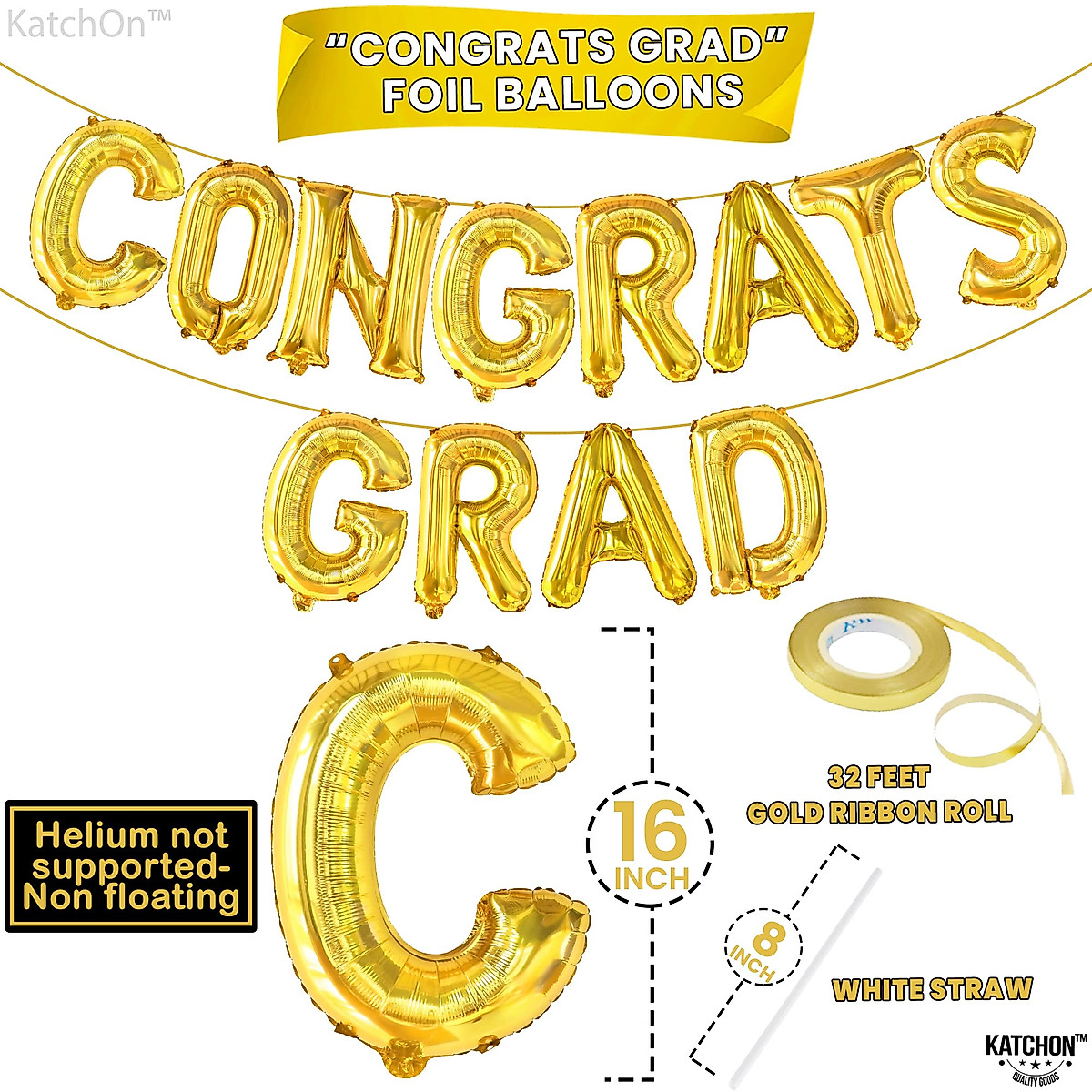 KatchOn, Gold Congrats Grad Balloons - 16 Inch | Congrats Grad Banner Balloons for Graduation Decorations Class of 2024 | Congratulations Balloons for Graduation Balloons Class of 2024 Decorations
