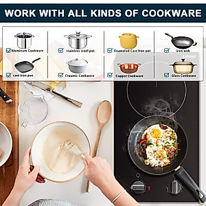 Karinear 110v Electric Cooktop 2 Burners, 12'' Electric Stove Top with Plug in, Knob Control Countertop & Built-in Ceramic Cooktop, 9 Heating Level, Hot Warning, Over-Temperature Protection