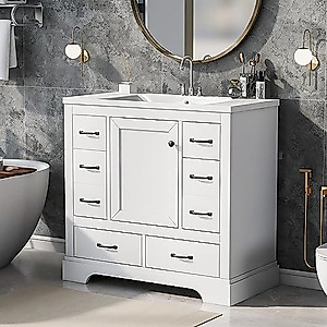 Merax 36" Bathroom Vanities Sink Set, Ceramic Undermount Top, Freestanding Cabinet with Door and Multi-Functional Drawers, Storage Divider, White