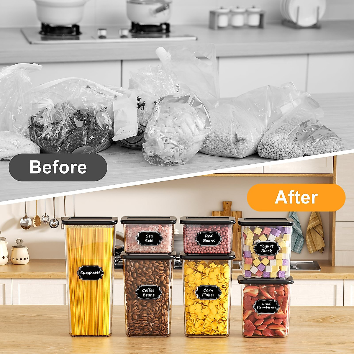 Nifogo Airtight Food Storage Containers with Lids 7 Pack, kitchen Storage Containers, Kitchen and Pantry Organization Set, for Cereal, Flour, Sugar, Pasta, Dry Food, Include 60 Labels