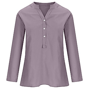 Dressy Summer Tops for Women Linen Shirts for Women Loose Fit Button V Neck Blouses and Tops Dressy Rolling Elbow Sleeve Tshirt Shirts Trendy 2023 Coffee XL