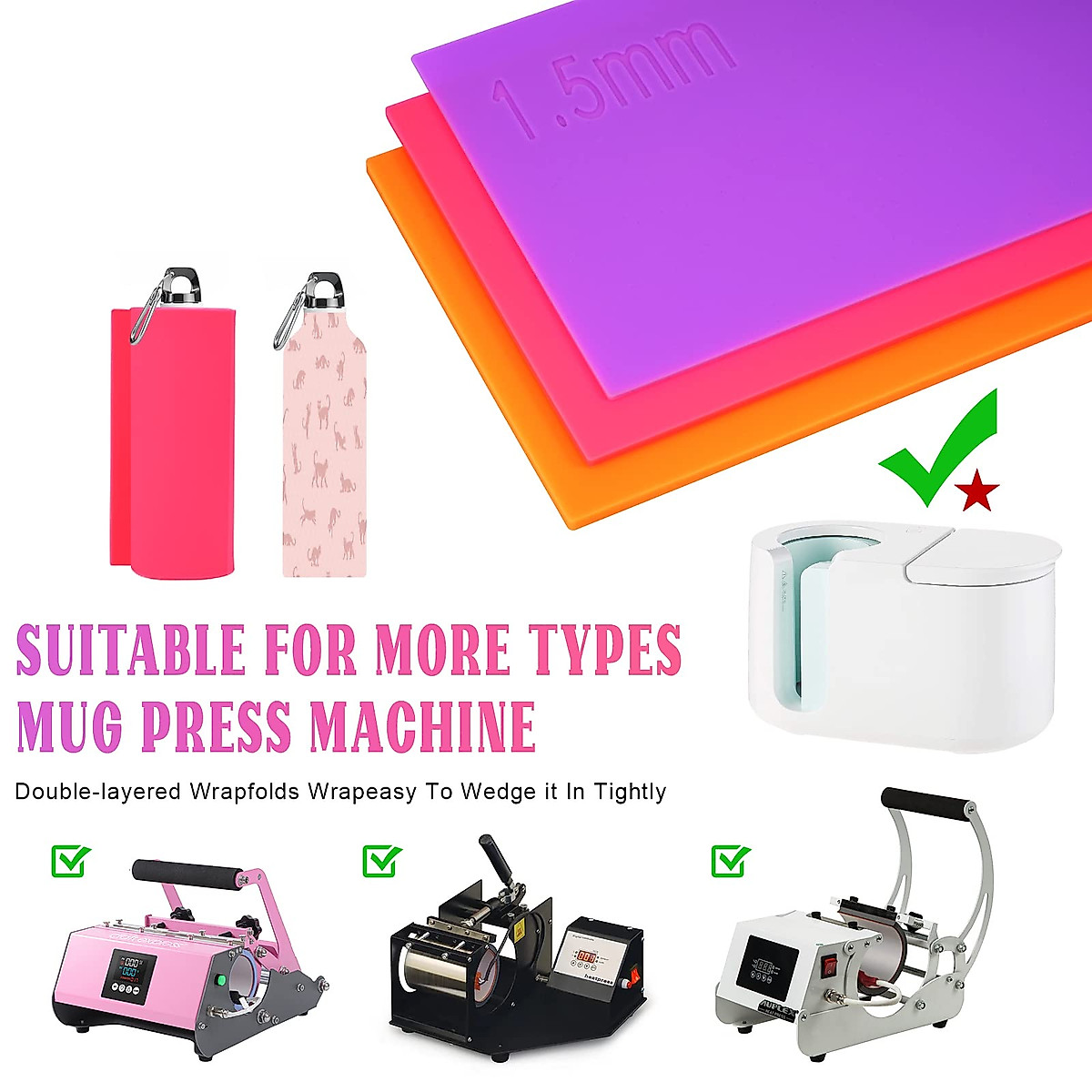 QUUREN Sublimation Tumbler Wrap Compatible with Cricut Mug Press Accessories 3 Thicknesses Silicone Mug Wrap for Tumbler Heat Press Attachment for Sublimation Tumblers Blanks Products 9.8 x 4.7"