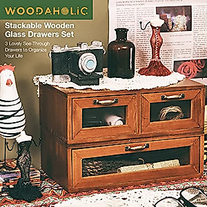 2-pc Stackable Storage Drawers - See-Through Glass Wooden Storage Cabinets - 2-Level Desktop Organizing Cabinet with 3 Drawers - Solid Wood Storage Box with Glass & Metal Handles…