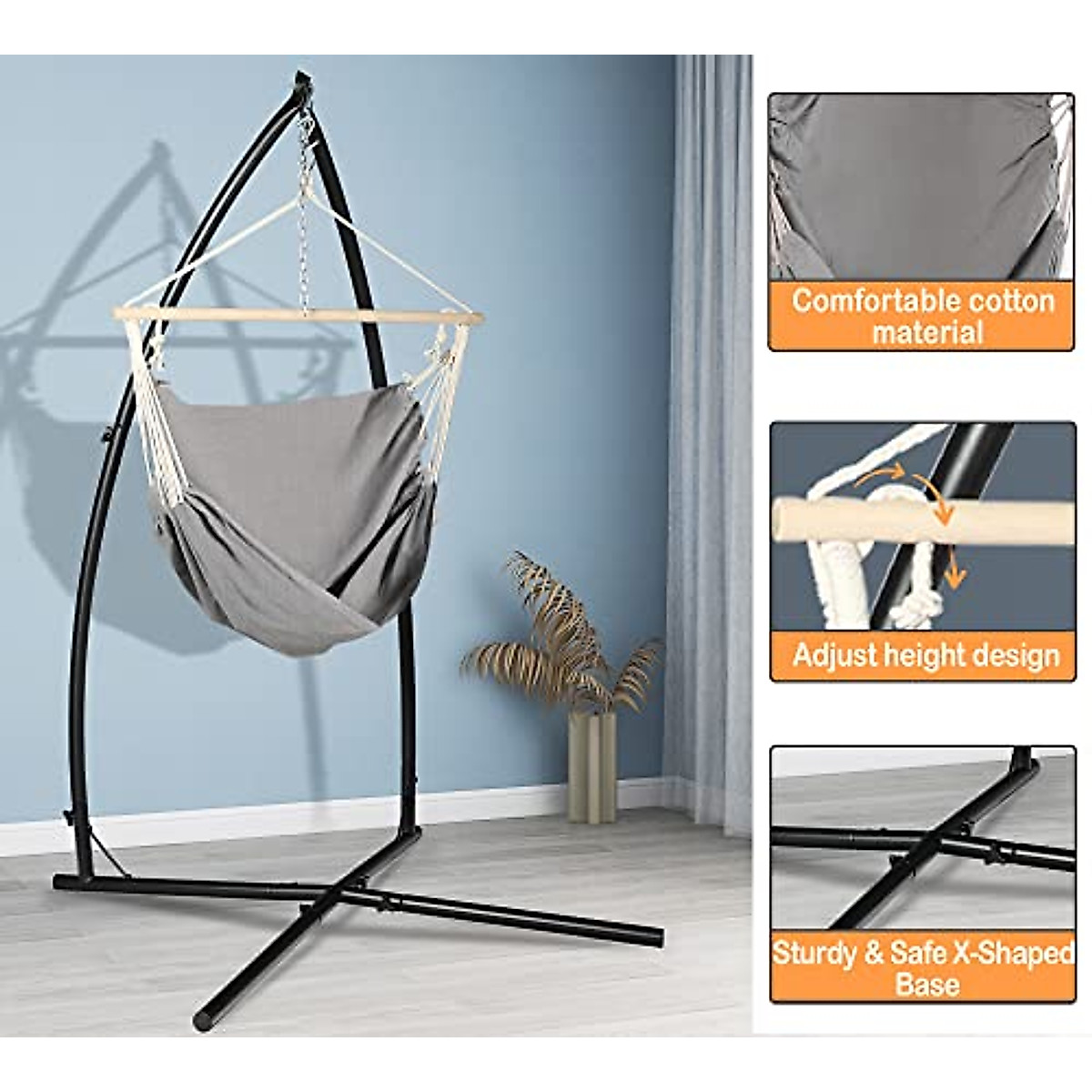 LAZZO Hanging Lounge Chair with Stand Indoor Outdoor Swing Chair Include X-Shaped Stand Lounge Chair Stand Set Hanging Egg Chair Swing Chair for Bedroom Cotton Hang Chair and Heavy Duty Steel Stand