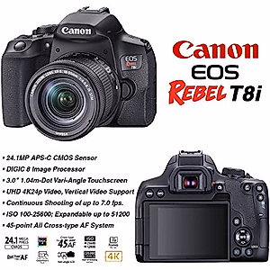 Camera EOS Rebel T8i DSLR Camera w/EF-S 18-55mm F/4-5.6 is STM Zoom Lens + EF 75-300 mm 4-5.6 III Lens Bundle with Wide Angle Lens + Telephoto Lens + 64GB Memory + Case + Tripod + Filter Kit + More